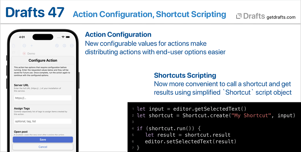 Drafts 47 Released: Action Configuration, Shortcuts Scripting - News ...