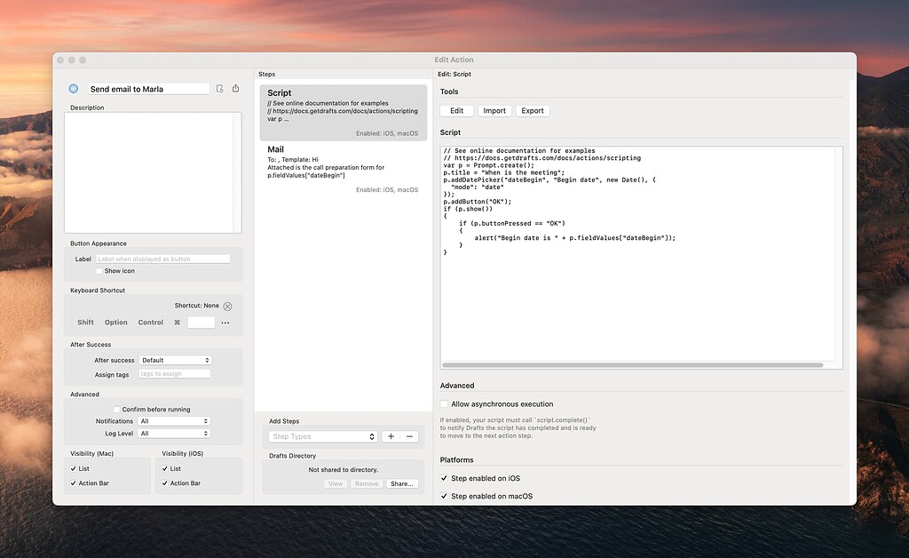Passing values of prompt actions to next step in an email action step - Scripting - Drafts Community